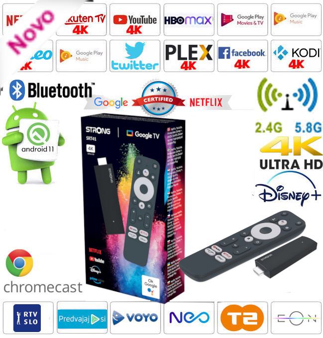 Android ključek 4K GTV Strong Android 11 Kodi T2 EON NEO Voyo HBO A1