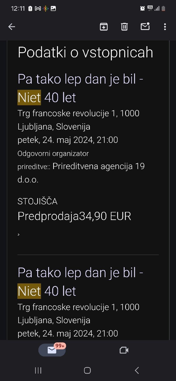 2 vstopnici Pa tako lep dan je bil - Niet 40 let