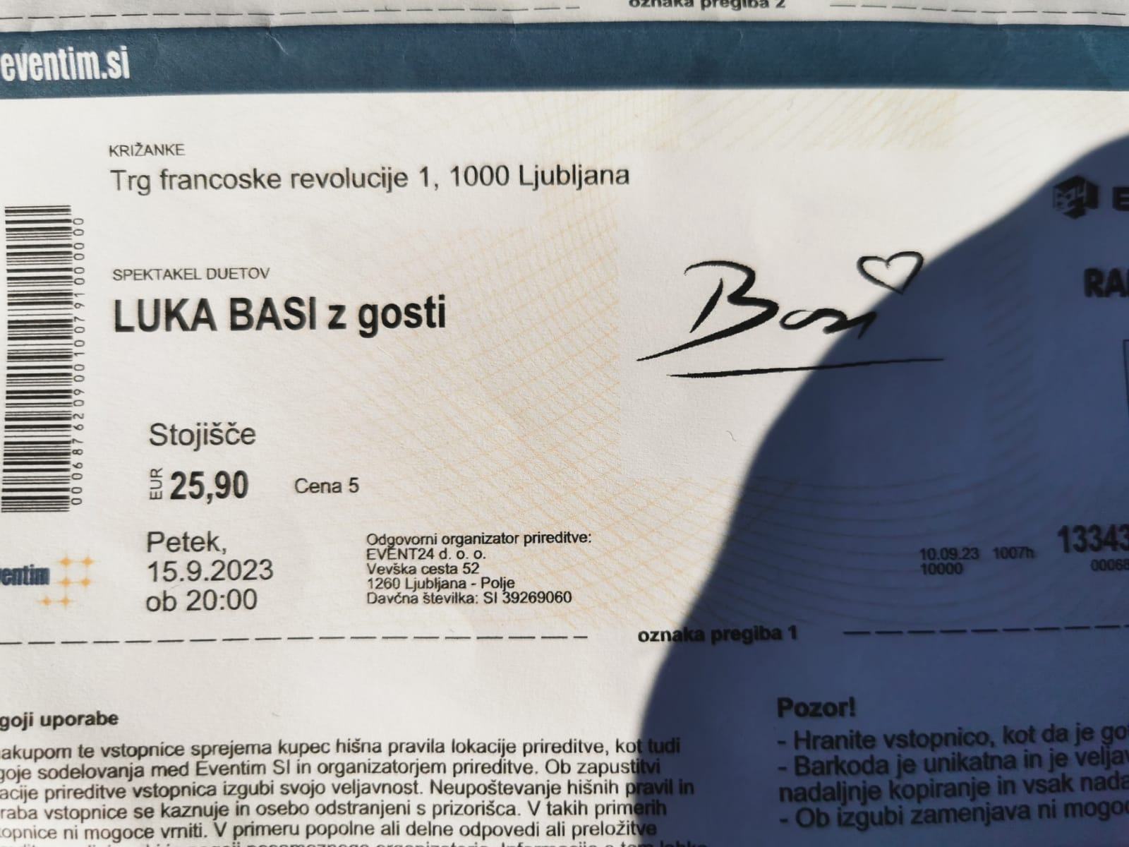 Luka Basi z gosti, 15.9.2023 Križanke, 2 vstopnici