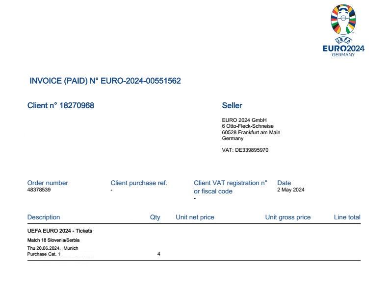 4 x Euro 2024 Vstopnice: Slovenija - Srbija Category 1
