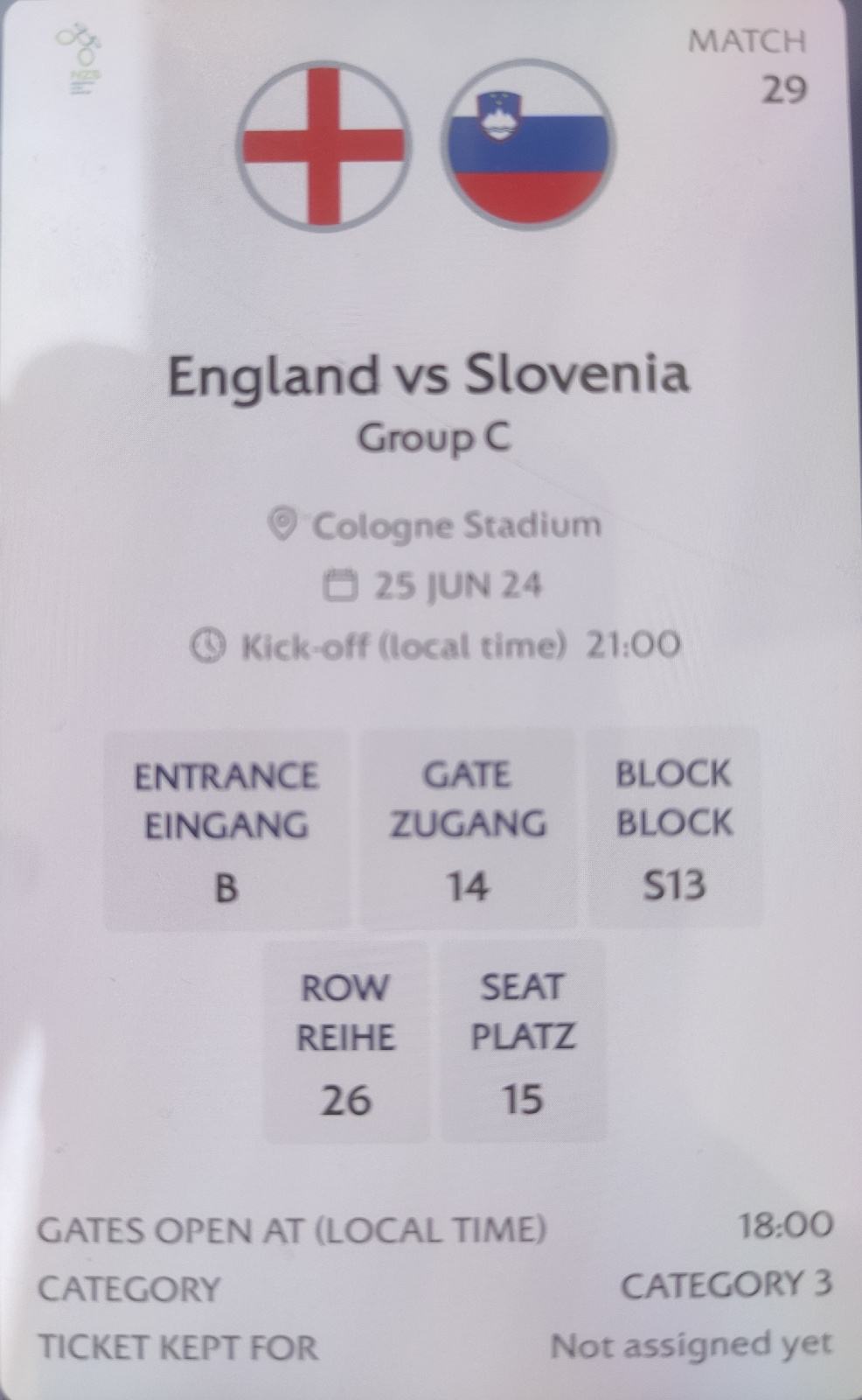 UEFA 2024 Slovenija-Anglija 4karte
