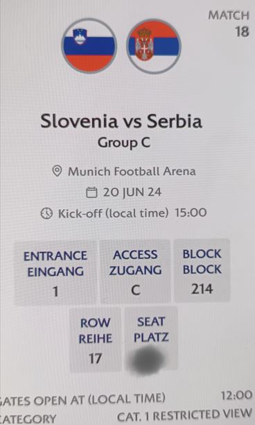Vstopnice EURO 2024: Slovenija-Srbija, 1. kategorija