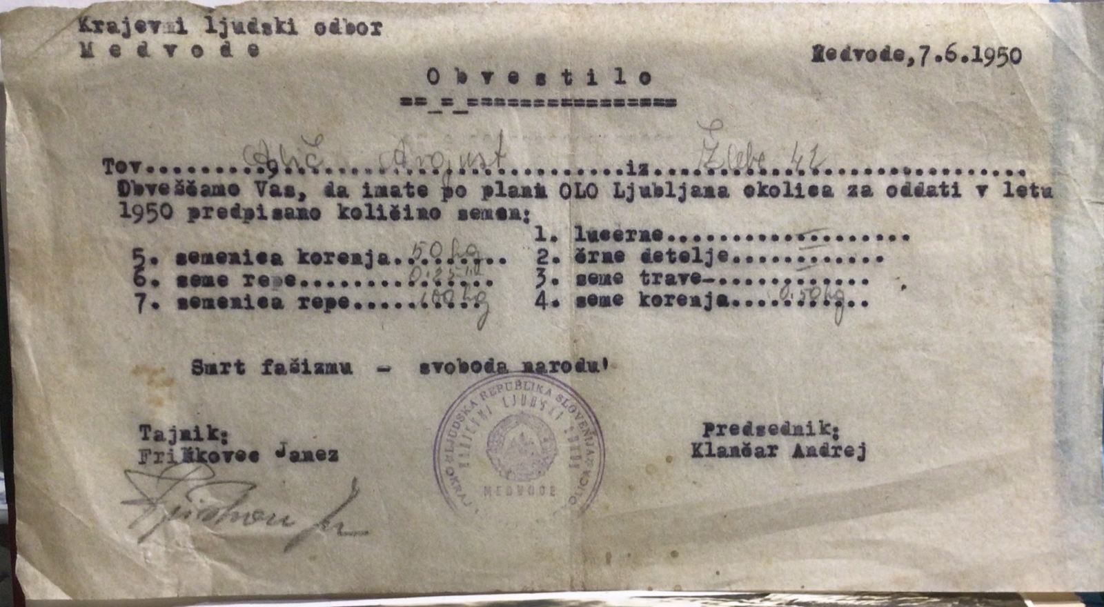 Krajevni ljudski odbor Medvode obvestilo iz leta 1950