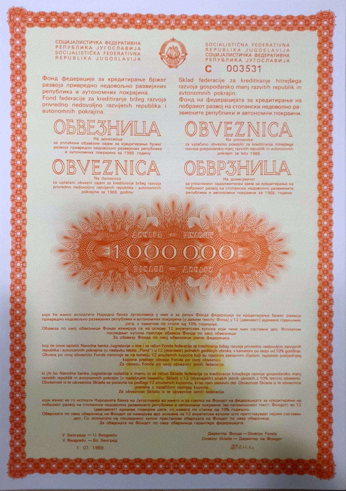 Obveznica SFRJ Jugoslavija 1989 1000000 din
