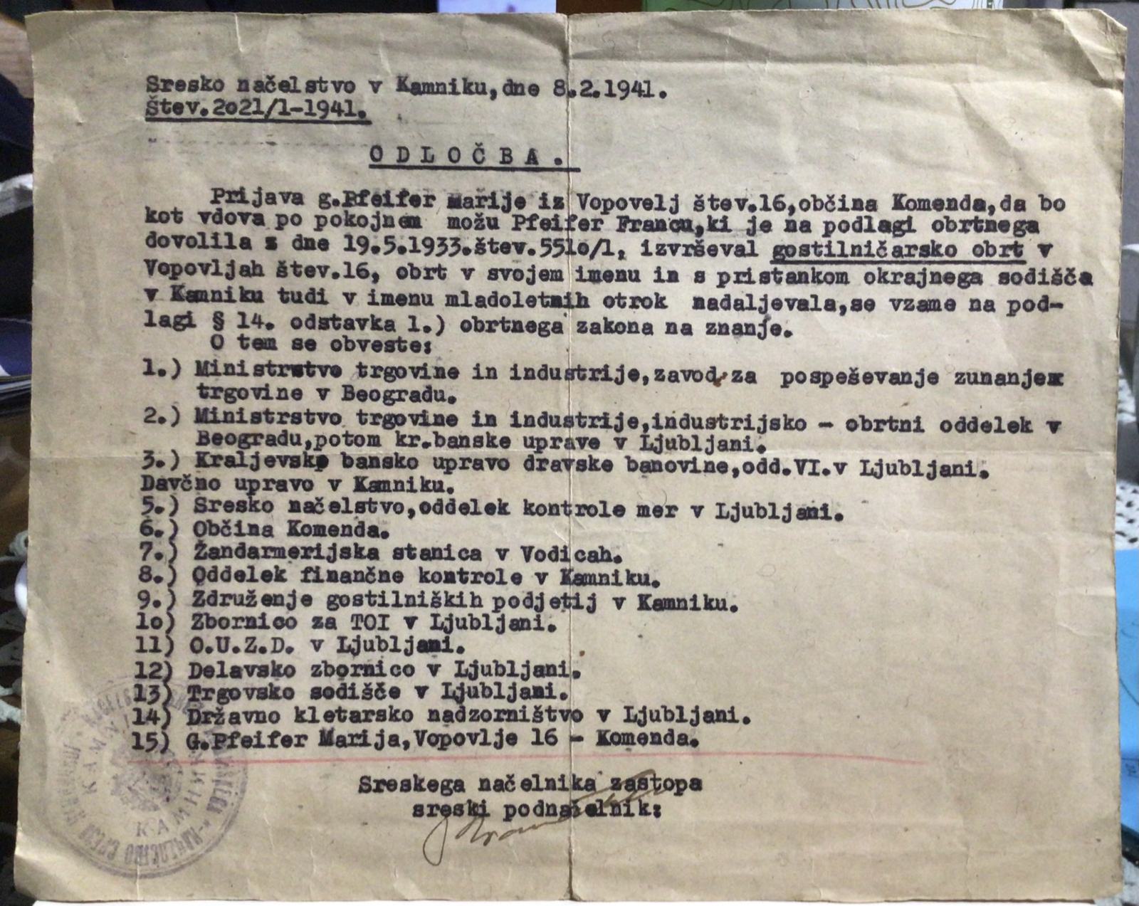 Odločba-Sresko načelstvo v Kamniku iz leta 1941