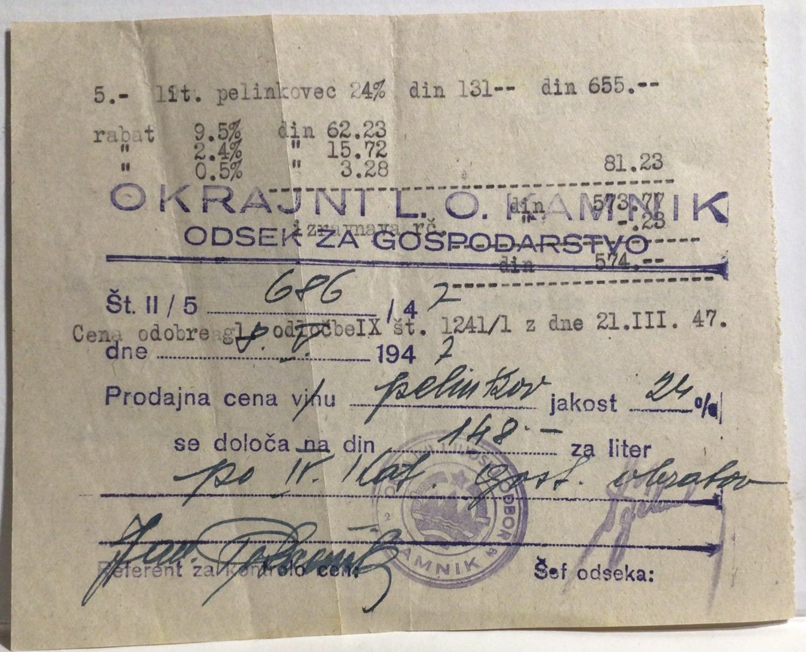 Okrajni ljudski odbor Kamnik odsek za gospodarstvo 1947 leta