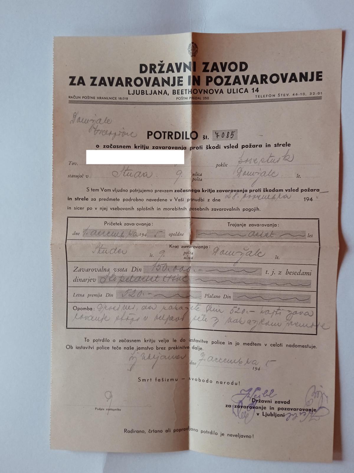 Potrdilo.Državni zavod za zavarovanje in pozavarovanje