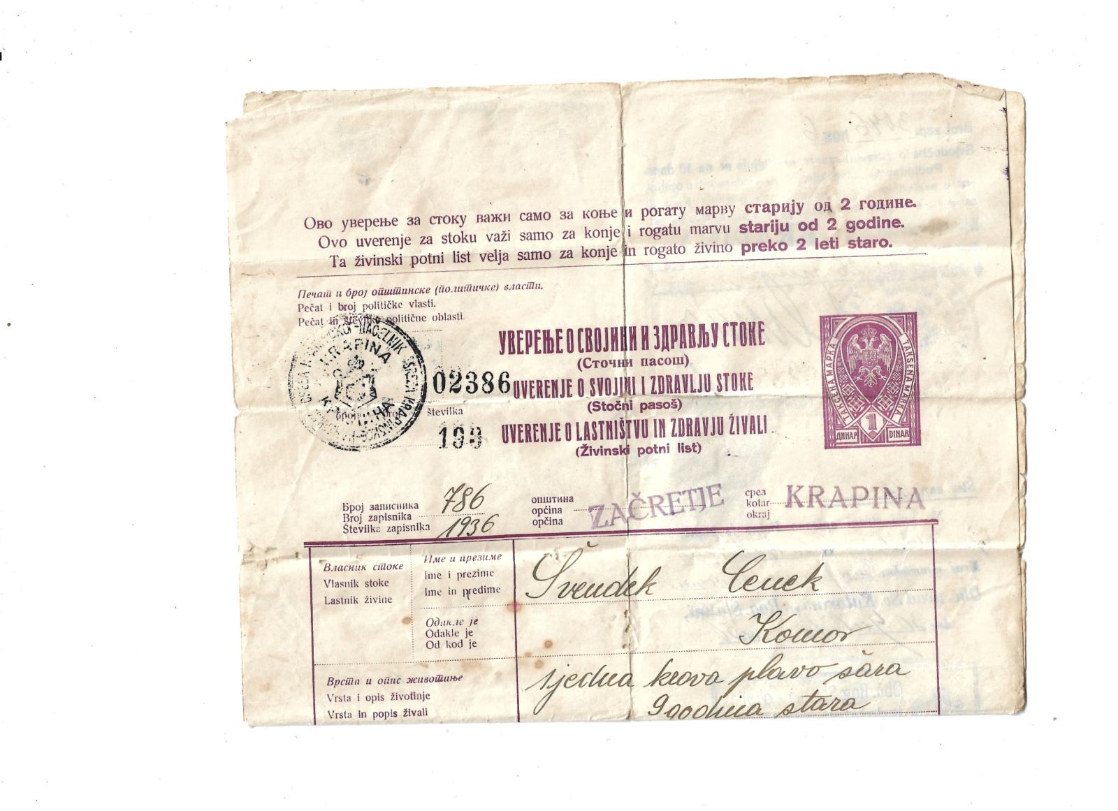 potrdilo o lastništvu in zdravju živali-1936