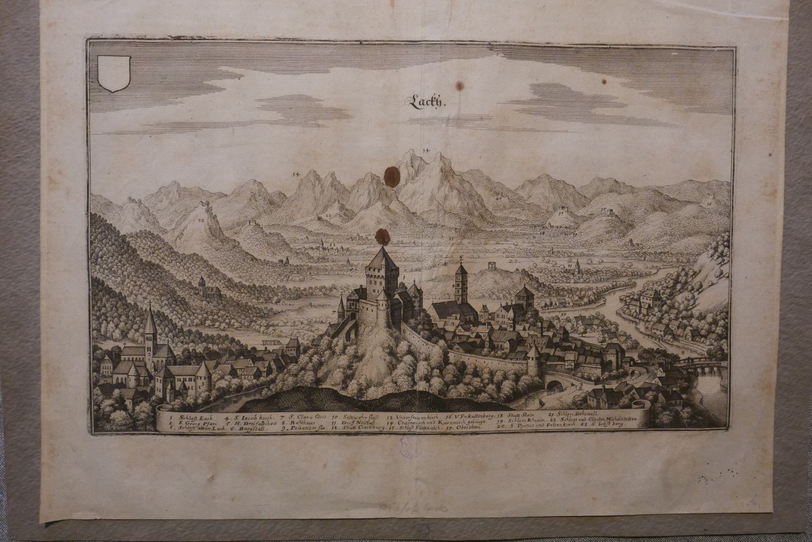 Škofja Loka-Lackh, bakrorez M. Meriana iz leta 1649