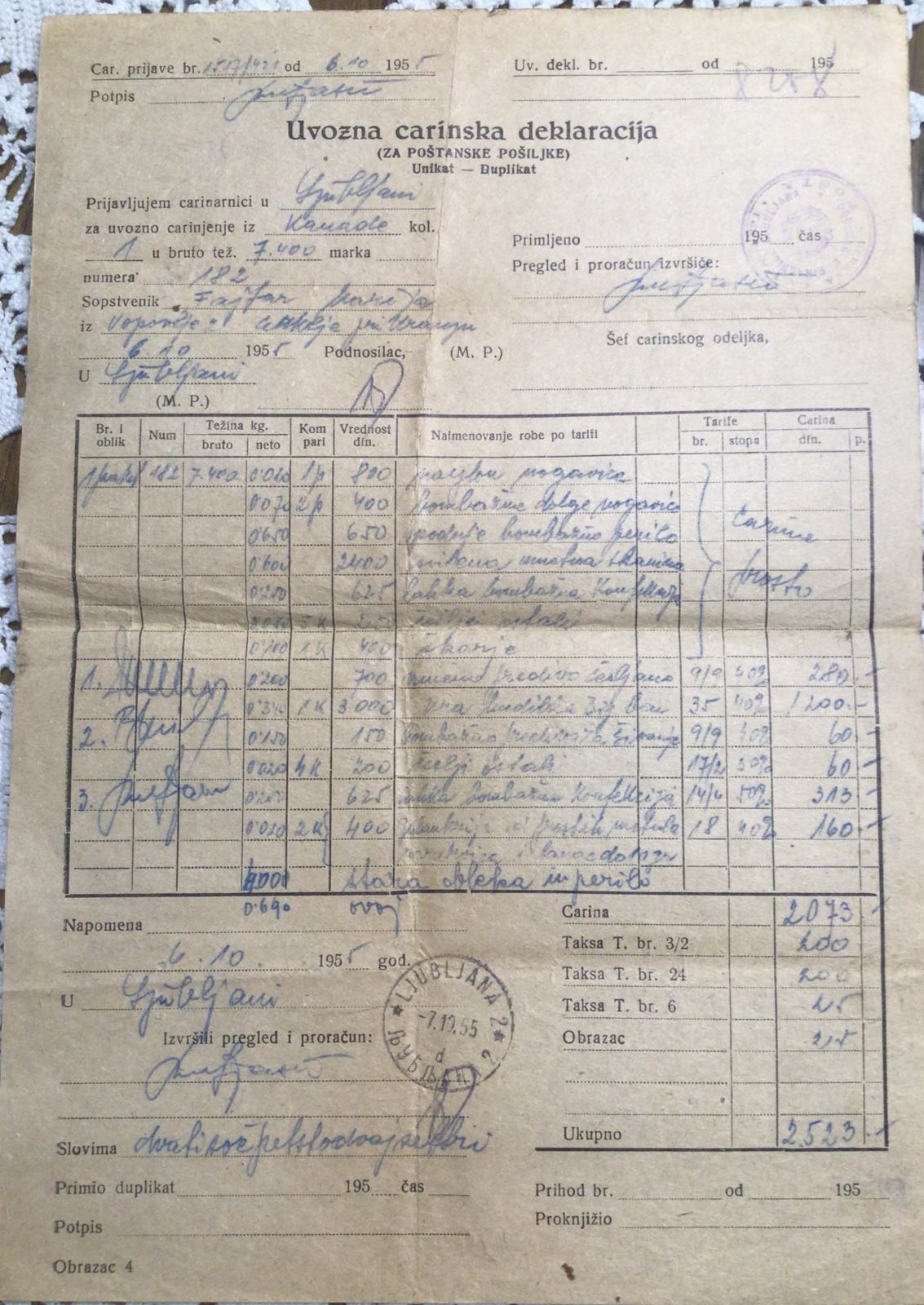 Uvozna carinska deklaracija za poštne pošiljke 1955