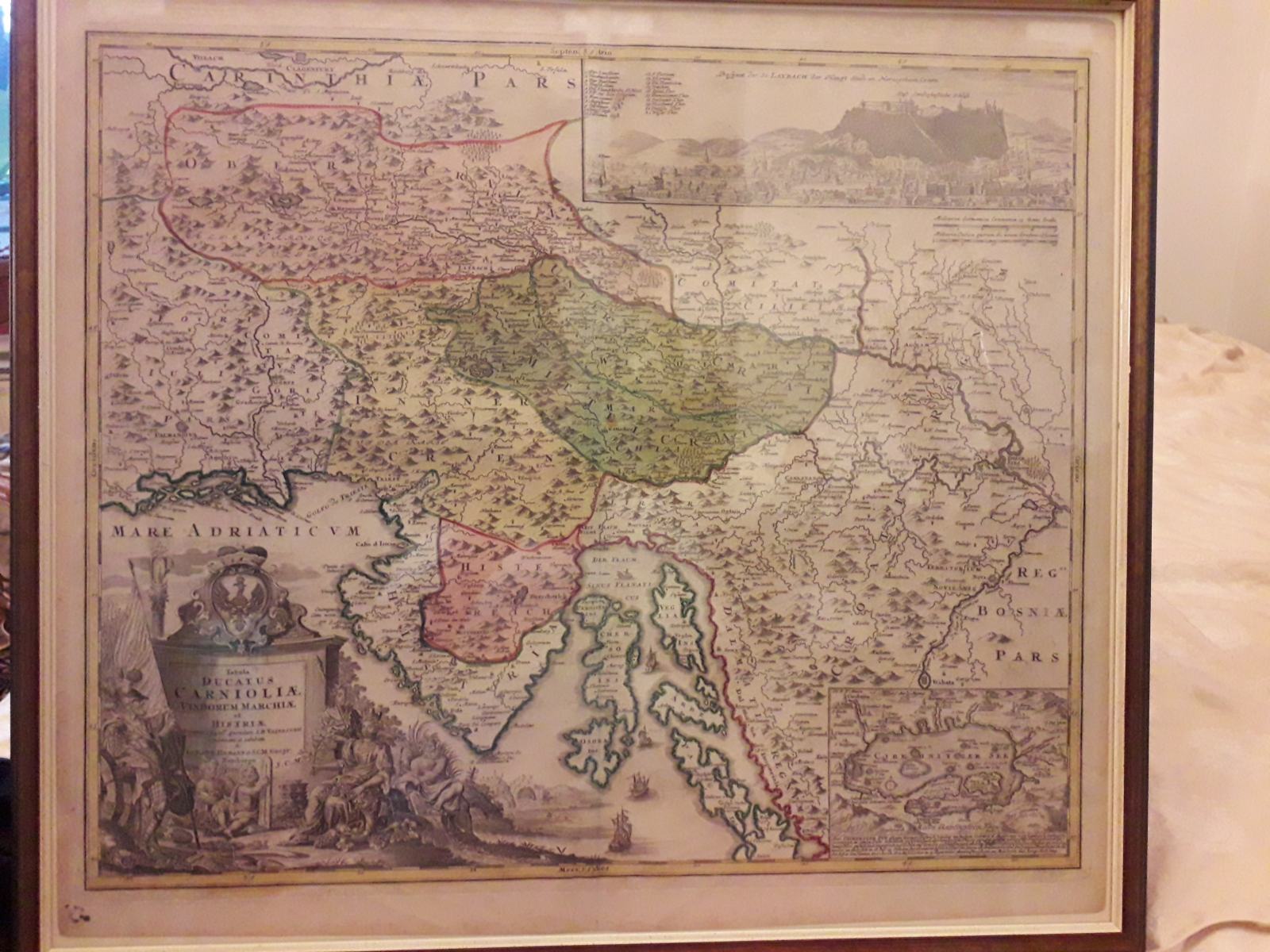 Zemljevid Kranjskih dežel iz 1714 leta ORIGINAL KOLORIRAN BAKROREZ!