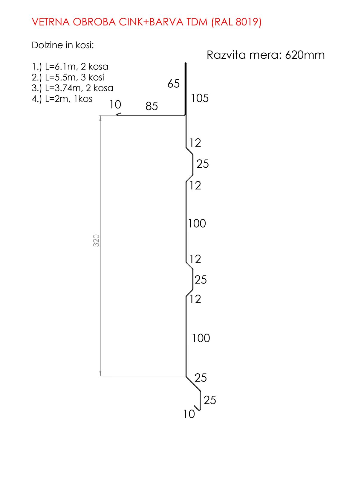 Prodam VETRNO OBROBO debeline 0.6mm v rjavi TDM barvi (RAL 8019)